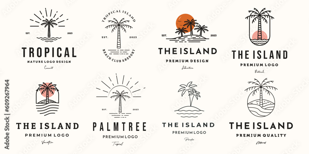 set of the island palm tree logo line art vintage vector illustration ...