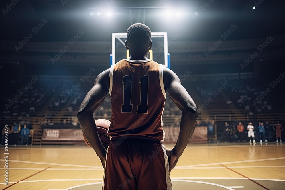 Rear view of basketball player standing with hands on hips against ...