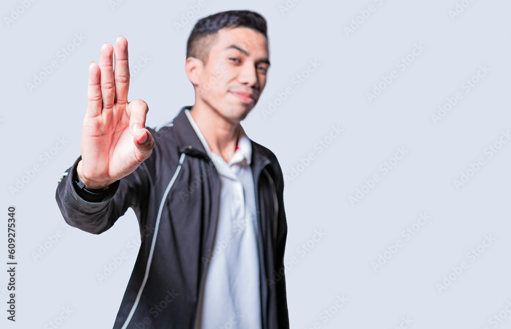 Portrait of people counting number three on isolated background. Person ...