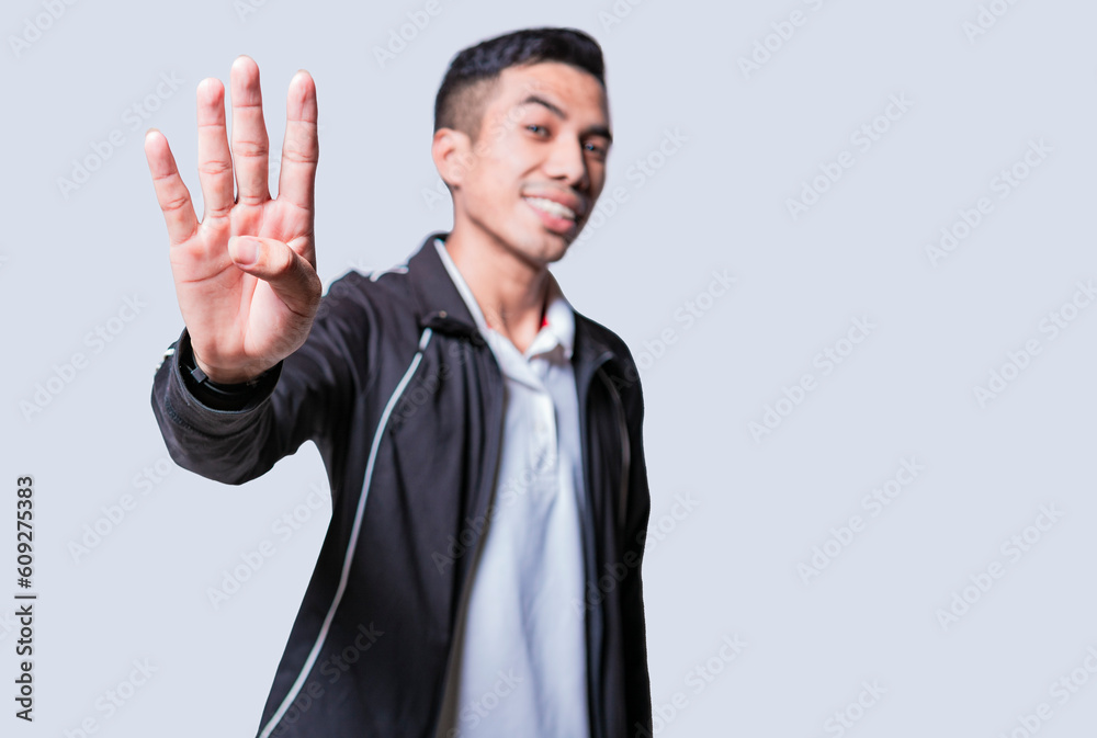 Portrait of people counting number four on isolated background. Person ...