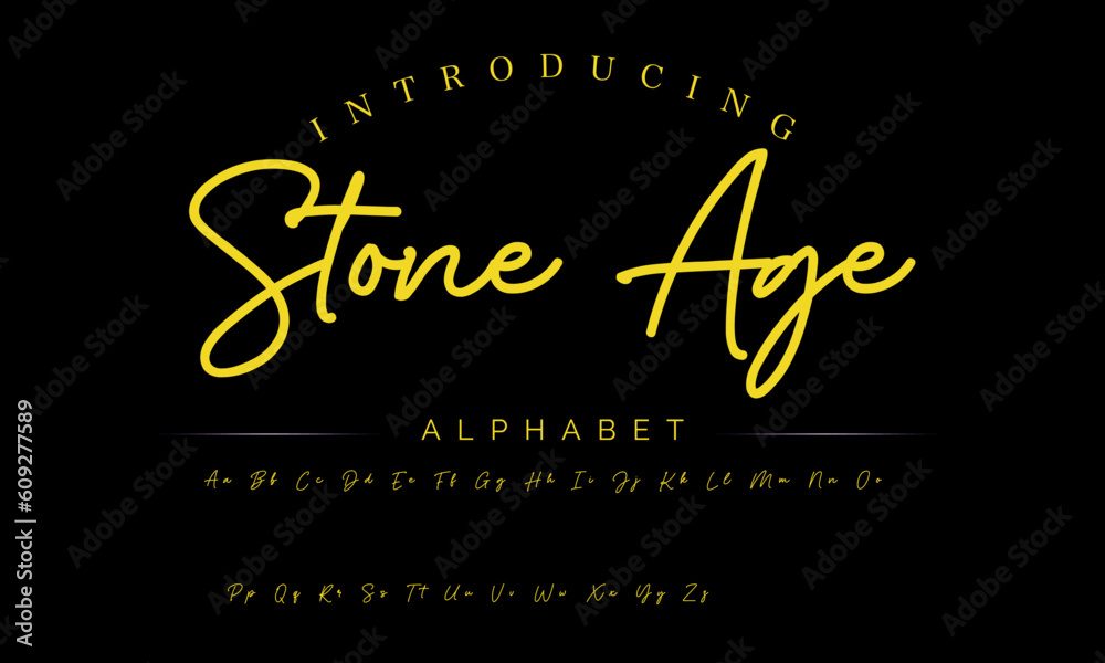 Stone Age Lettering signature font isolated on grey background. brus ...