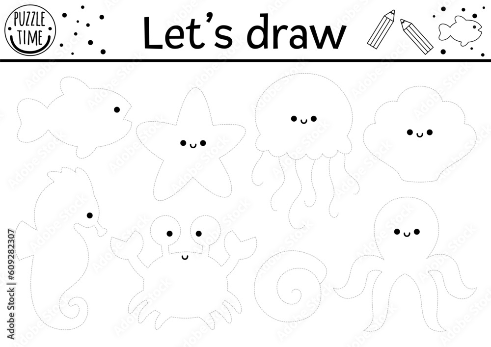 Trace the water animals picture. Vector under the sea drawing practice ...