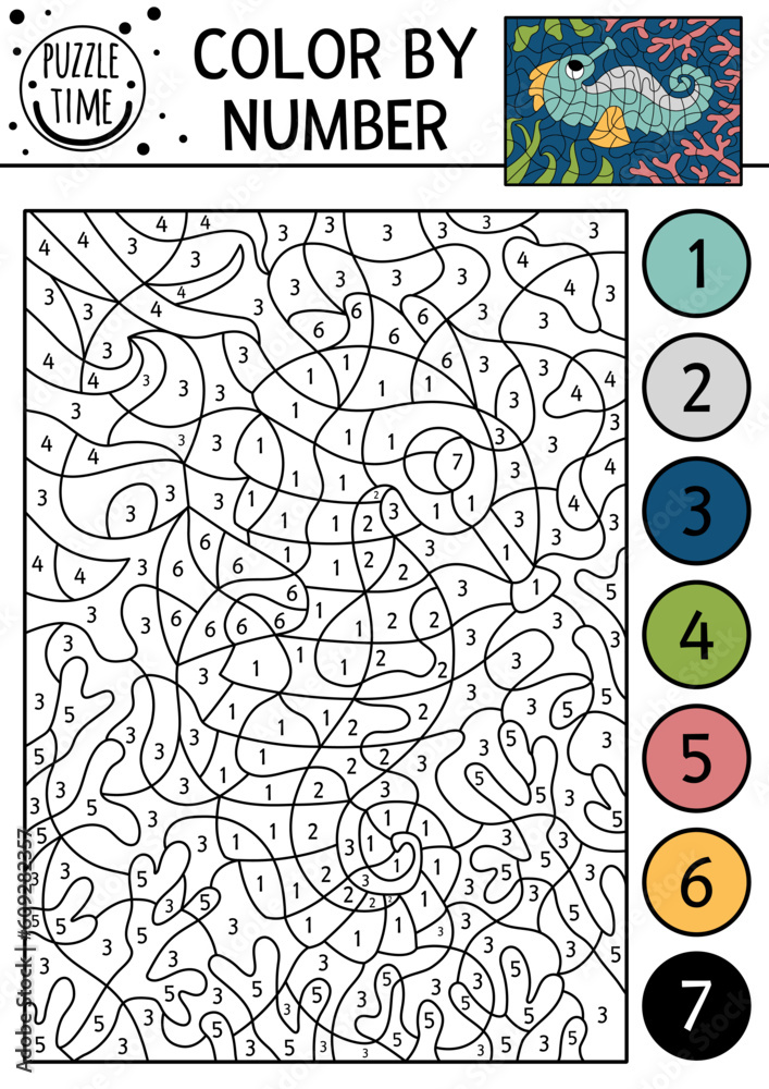 Vector under the sea color by number activity with seahorse and corals ...
