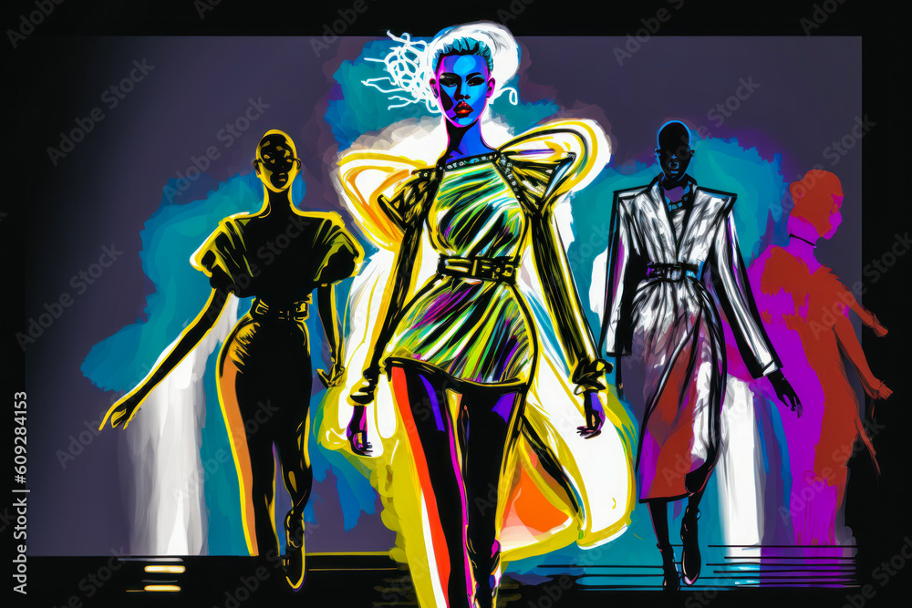 Stunning fashion show image, avant-garde attire, vivid hues & neon ...
