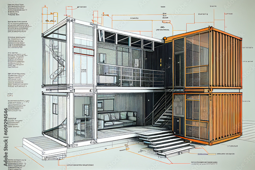 Drawing, blueprints of a house made from cargo shipping containers ...