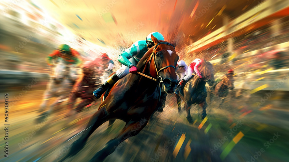 Horse racing as a jockey and their racing horse dash towards victory ...