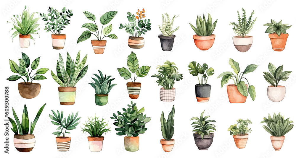 Cute Watercolor House Plants Clip Art on Isolated Background Graphic ...