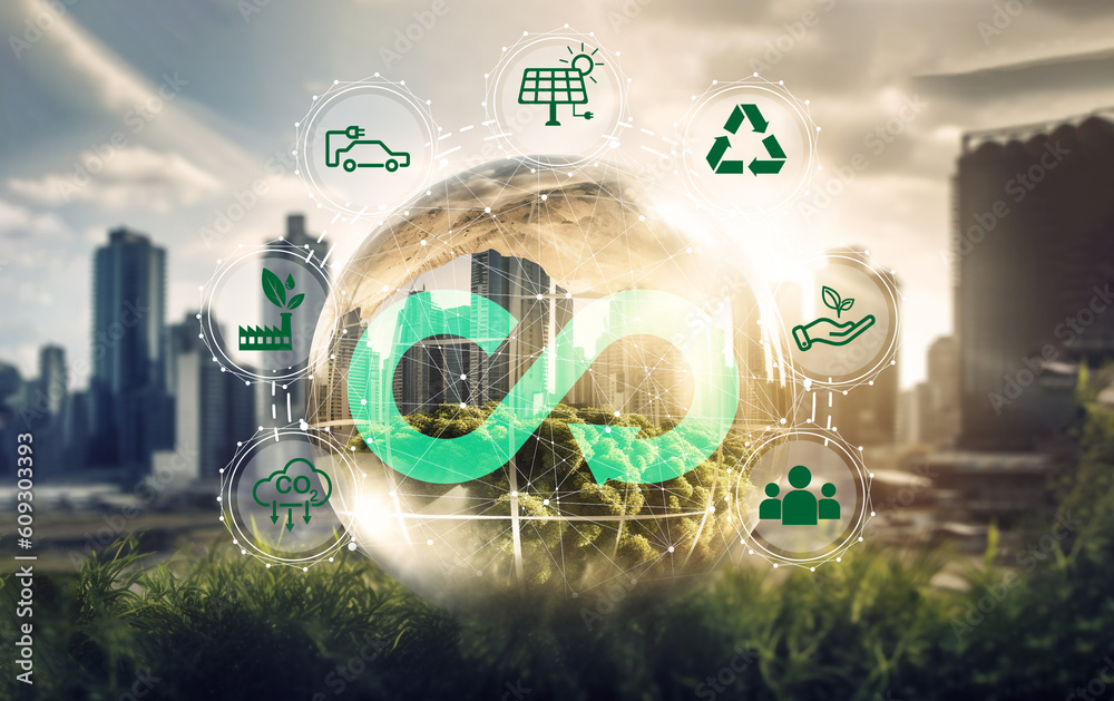 Virtual globe with circular economy icons on natural and city ...