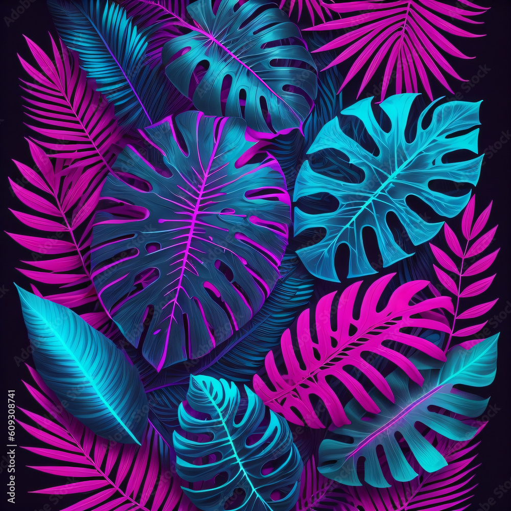 colorful tropical leaves on a black background, dark neon colored ...
