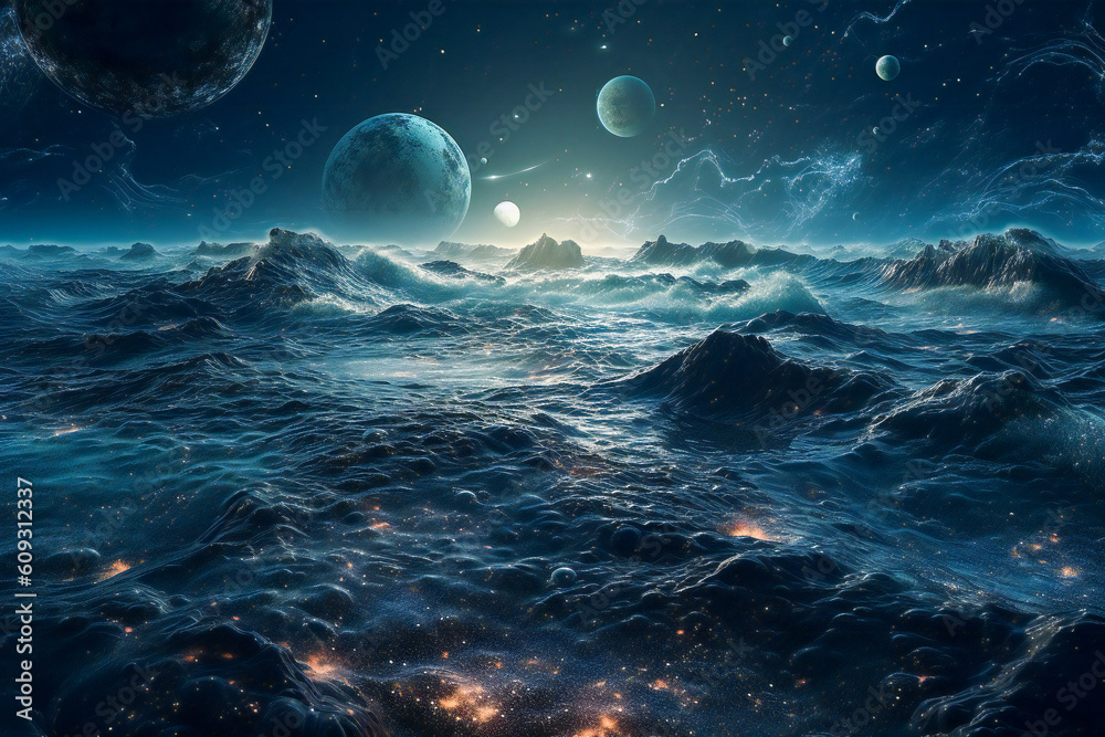 Strange, surreal alien landscape with dark fluid matter, lights and ...