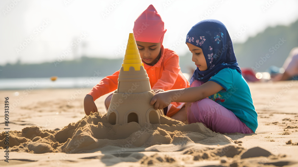 Muslim hildren making sand castles on the beach. Neural network ...