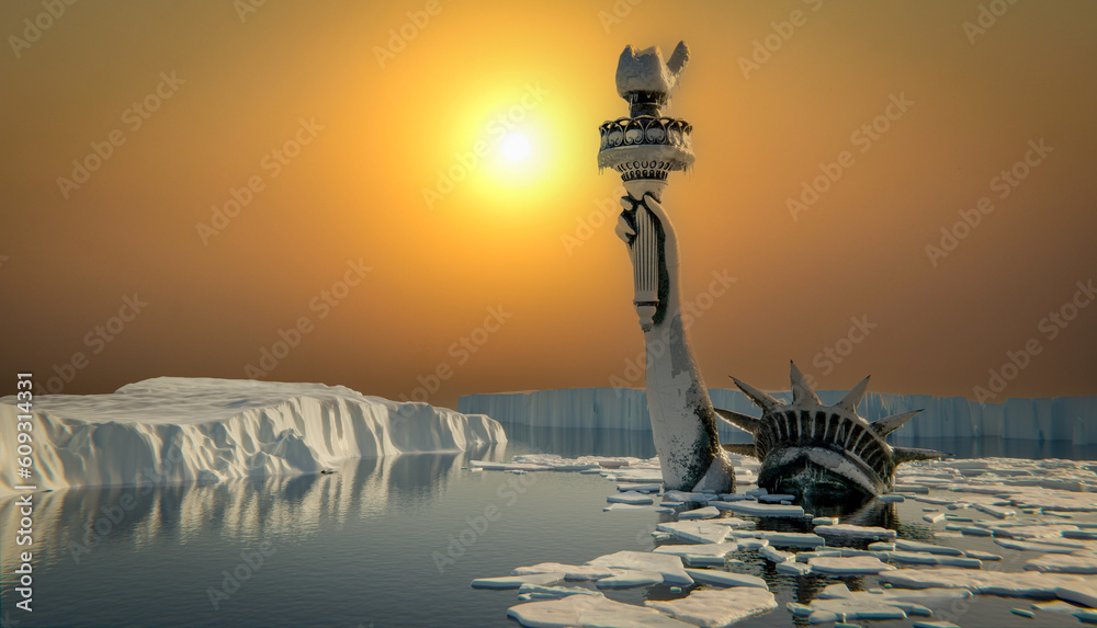 Statue Of Liberty Rising Sea Levels. Frozen Statue of Liberty in ice in ...