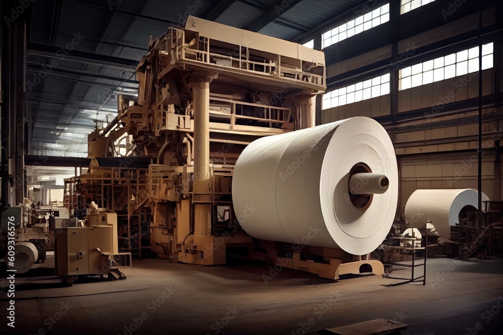 pulp and paper factory, with enormous machines producing rolls of paper ...