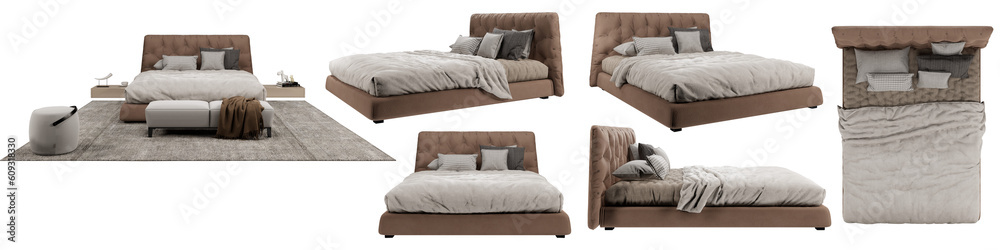 isometric bed with pillows mockup, top view, font view, side view ...