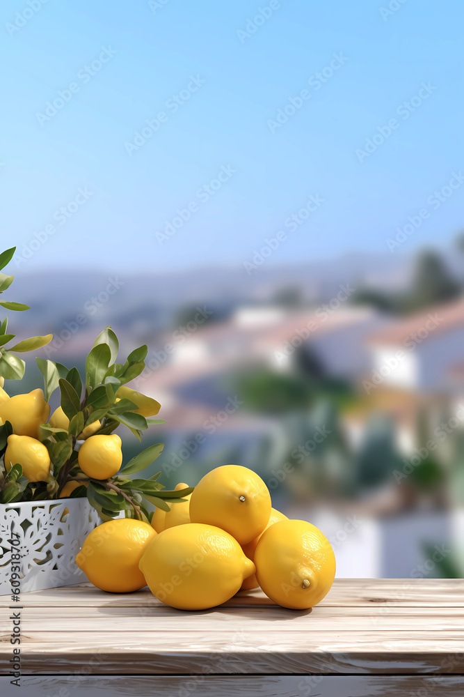 Rustic wooden table with lemons over Italian panorama, background for ...
