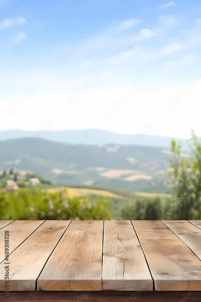 Vertical rustic wooden table over Mediterranean countryside background ...