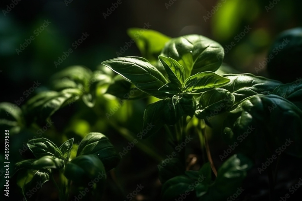 Fresh sweet basil leaves. Basil plant with green leaves on dark ...
