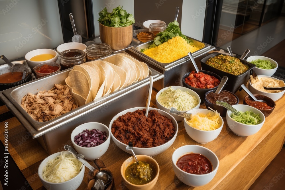 tacos & burritos bar, featuring an assortment of meats, toppings and ...