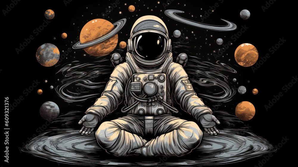 Astronaut sitting in lotus pose in space with planets and stars ...