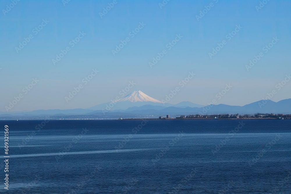 mt. fuji in the distance, with its iconic shape visible from afar ...