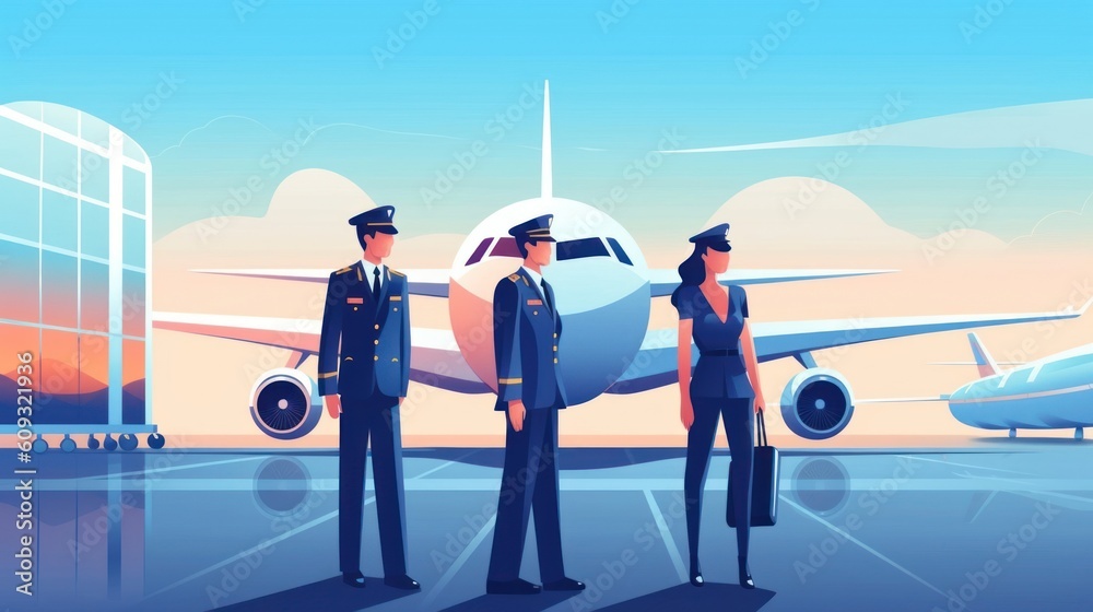 Airport flight attendant and pilot. Vector illustration in flat cartoon ...