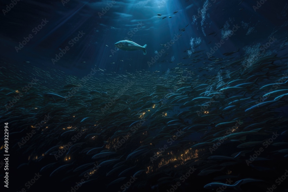 deep-sea creature swimming past a school of fish, with bioluminescent ...