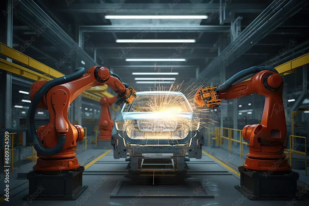 Automated Robot Arm Assembly Line in Car Factory Producing Electric ...