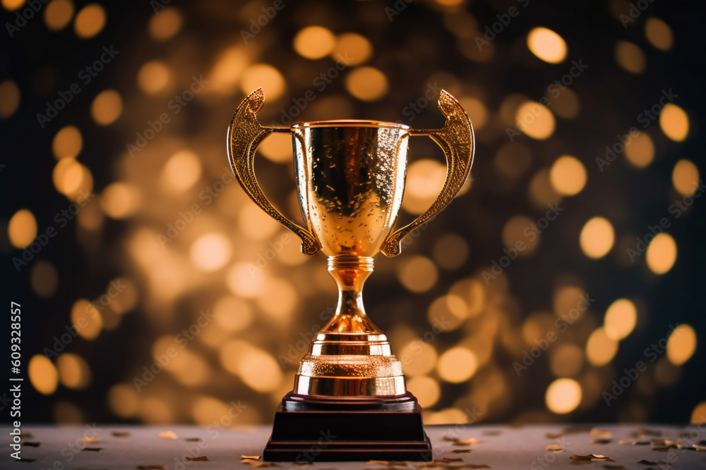 golden winners throphy on a black background with bokeh lights created ...