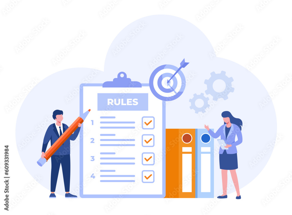 rules of work, regulation, checklist, paperwork, document and agreement ...