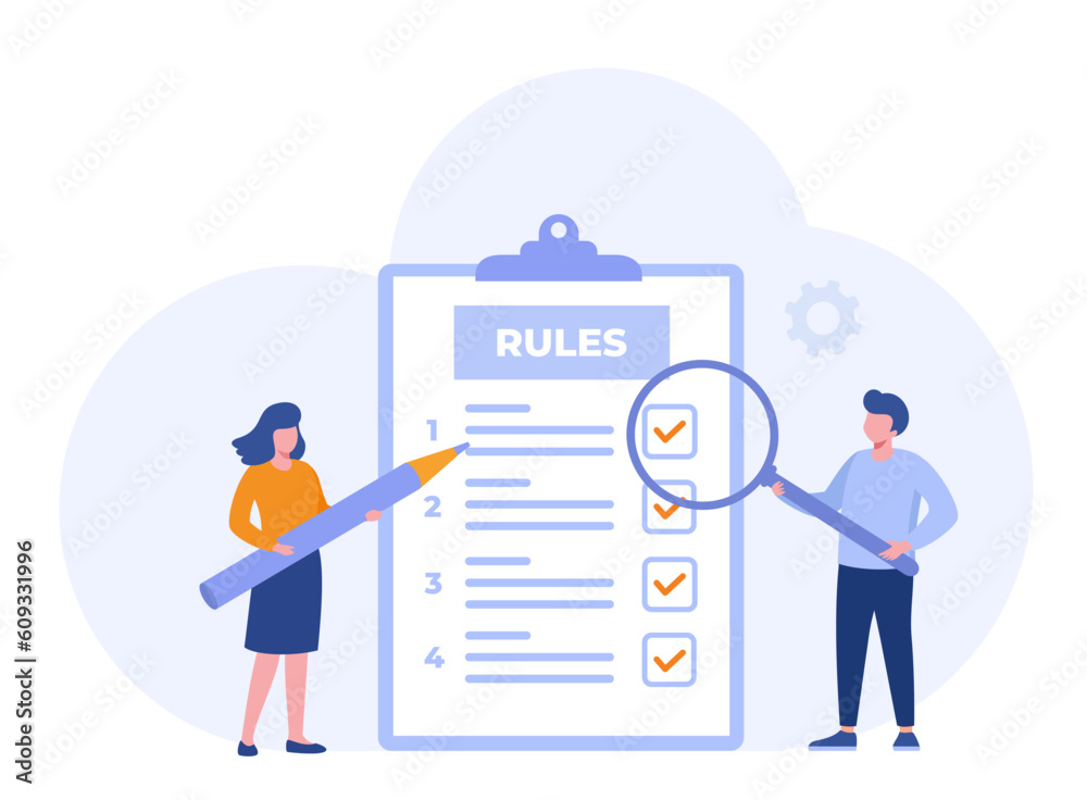 rules of work, regulation, checklist, paperwork, document and agreement ...