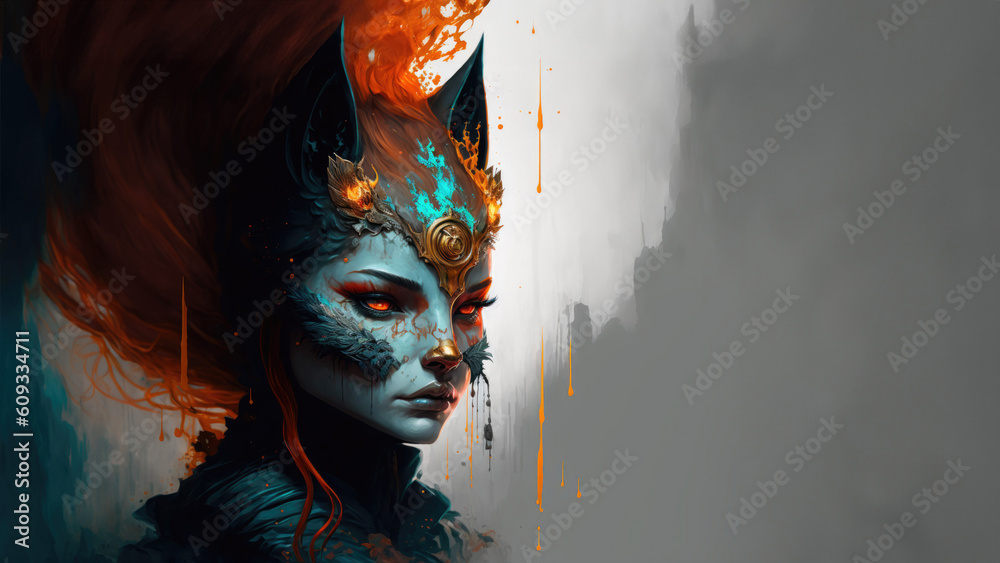 Fierce kasai kitsune female fox with fiery flame red hair and piercing ...