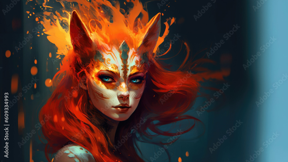 Fierce kasai kitsune female fox with fiery flame red hair and piercing ...
