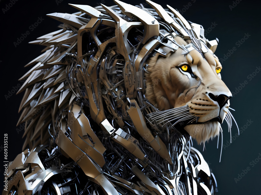 Futuristic robotic lion warrior in menacing metallic suit. Generative ...