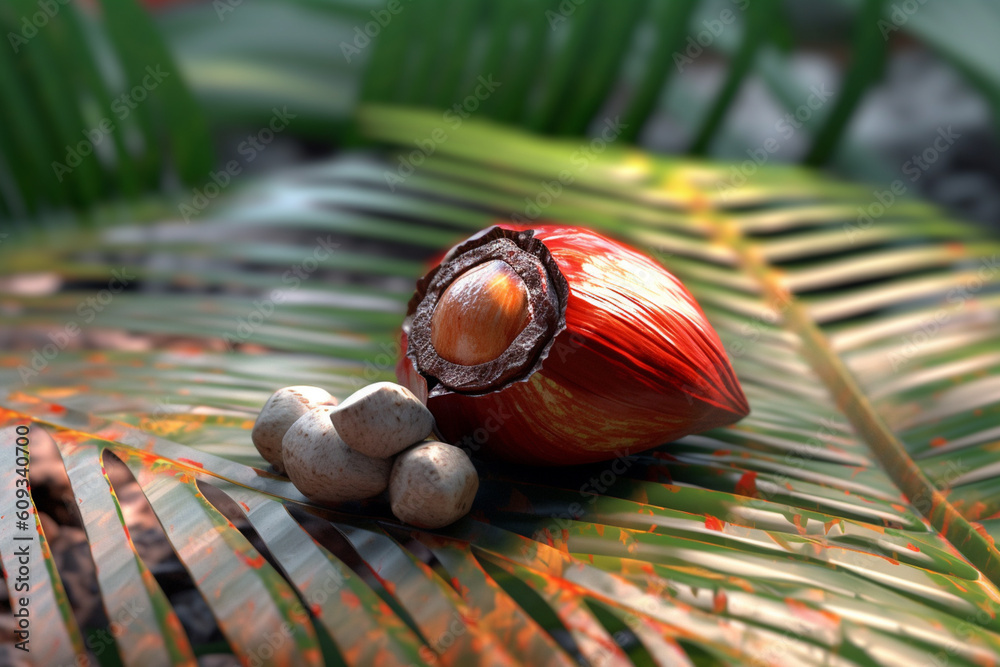 A picture featuring Betel nut (Areca catechu), highlighting the chewing practice, the nut's ...