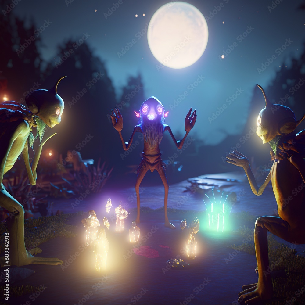 Quirky elf-like creatures performing a ritual under a full moon ...