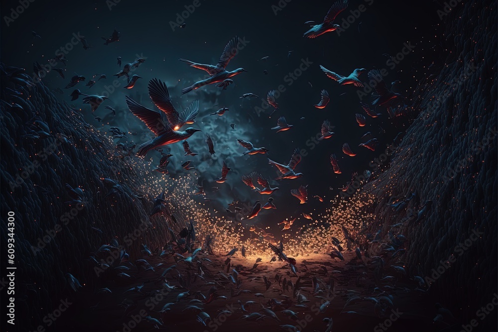 An eerie bioluminescent swarm of birds under a dark pitch black sky ...