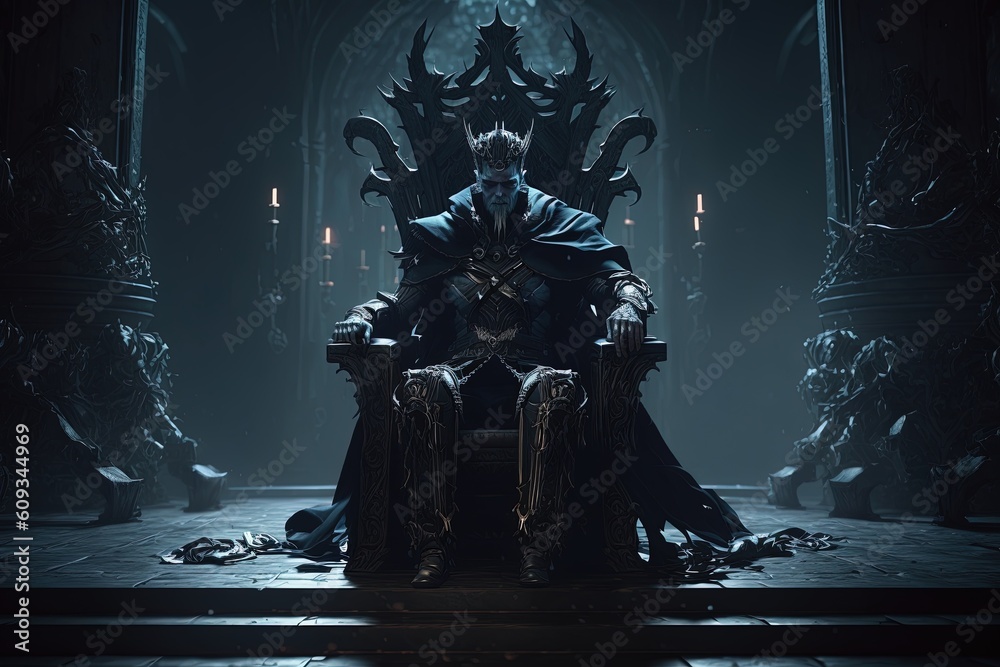 An eerie dark fantasy throne room with a dark lich lord siting at the ...