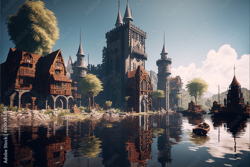 Poster A beautiful fantasy medieval city by a lake docks ships, towers ...