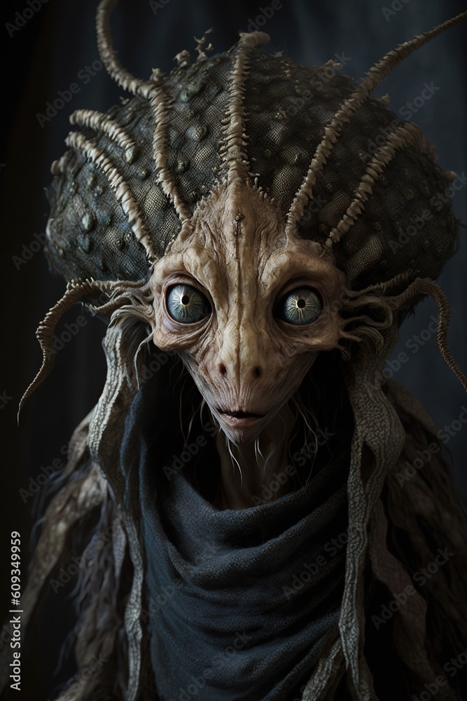 A creepy and eerie alien being with pale scaly skin and a elongated ...