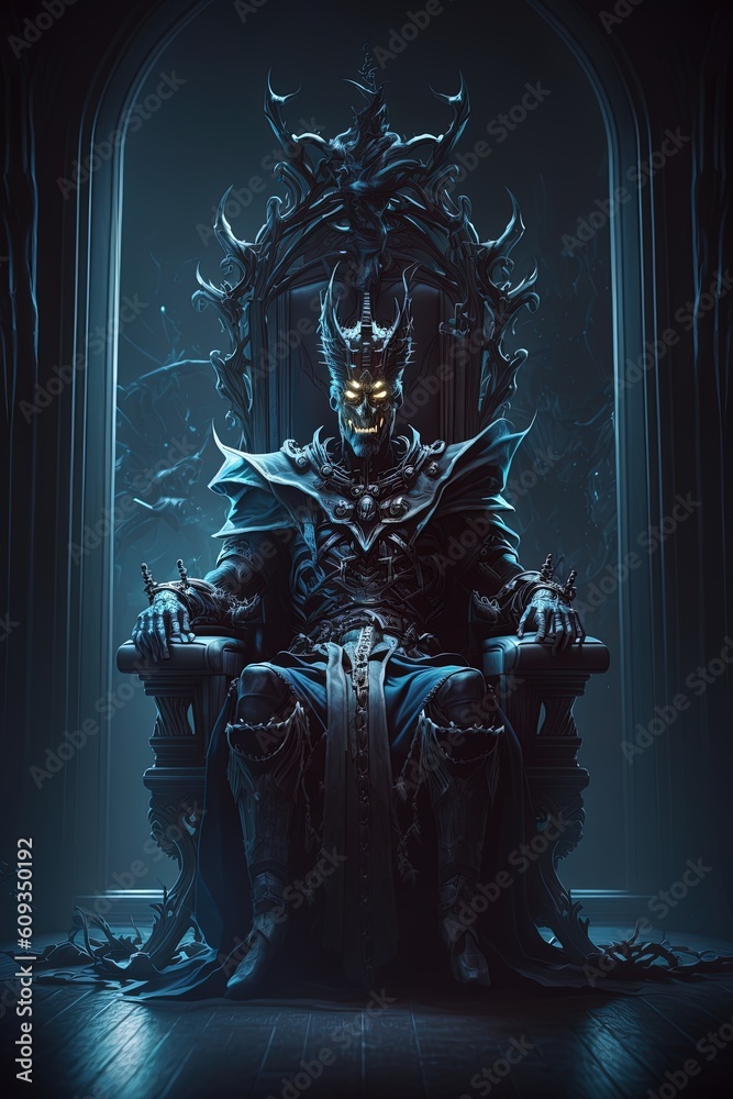 An eerie dark fantasy throne room with a dark lich lord siting at the ...
