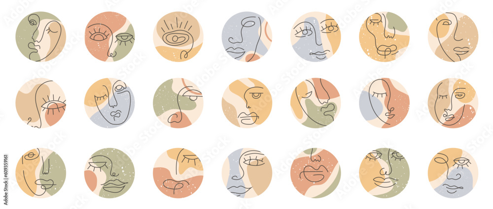 Big Set of Various Faces abstract shapes in retro style. Ink painting ...
