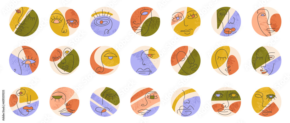 Big Set of Various Faces abstract shapes in retro style. Ink painting ...