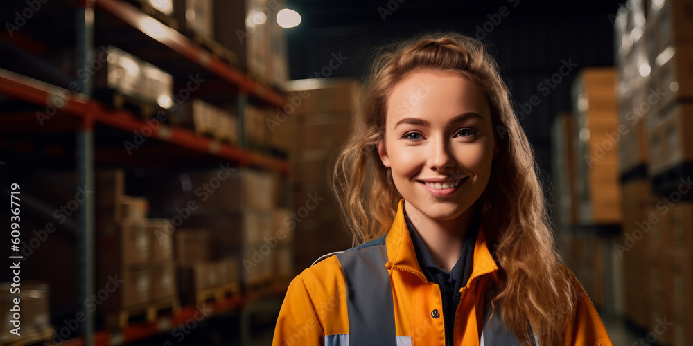 Portrait of a female warehouse worker wearing a hi-vis jacket stood in ...