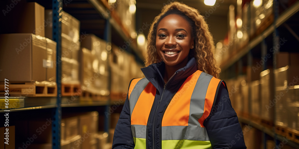 Portrait of a female warehouse worker wearing a hi-vis jacket stood in ...