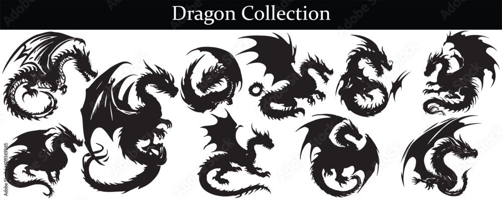 dragon tattoo design. dragon set. Simple dragon collection. Different ...