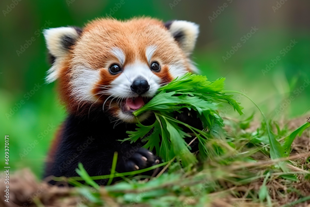 Adorable panda rojo comiendo bambu foto de Stock | Adobe Stock