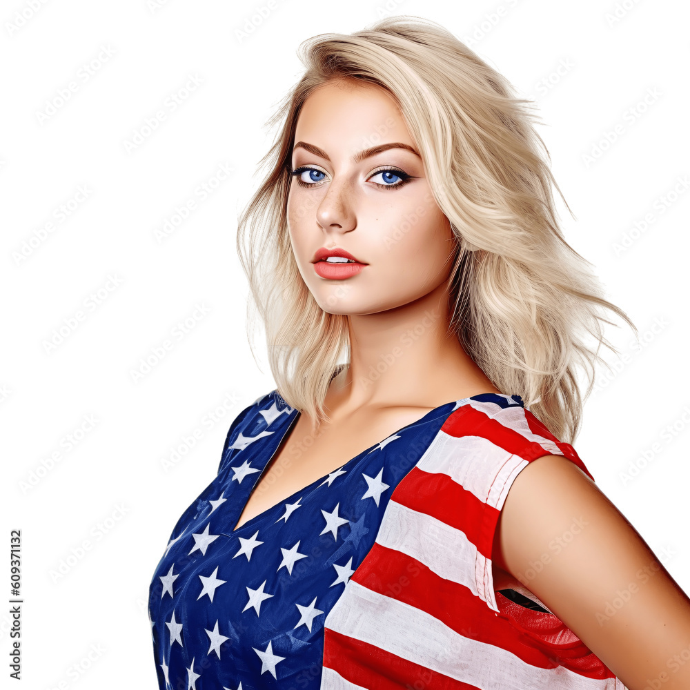 Attractive patriotic woman wearing clothing with USA flag pattern ...