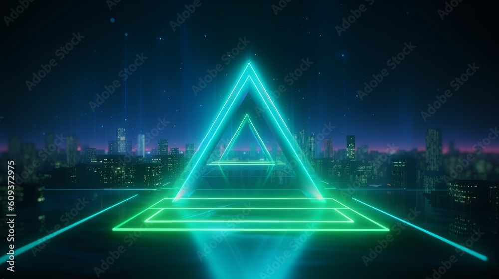 3d render, abstract blue green neon background. Holographic triangular ...