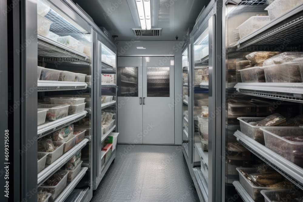 a walk-in freezer, with shelves of frozen goods and a view of the ...