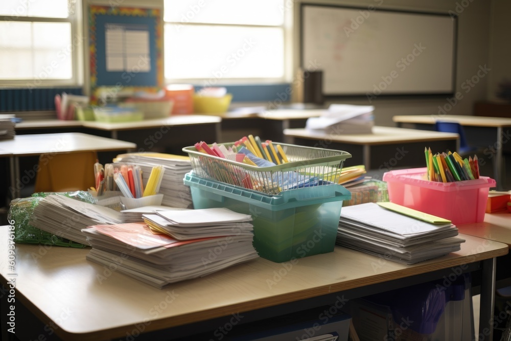 school supplies in a classroom, ready for the new school year, created ...